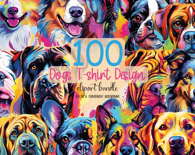 100 Colorful Dogs T-shirt Design Bundle Dog Breeds Clipart Bundle Cute ...