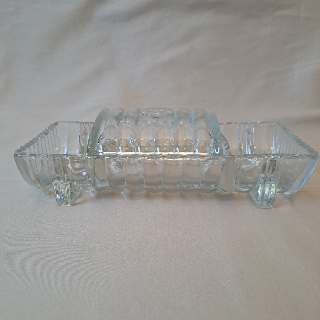 Vintage MCM Glass Footed Cigarette Box With Lid and Ashtray Holder ...