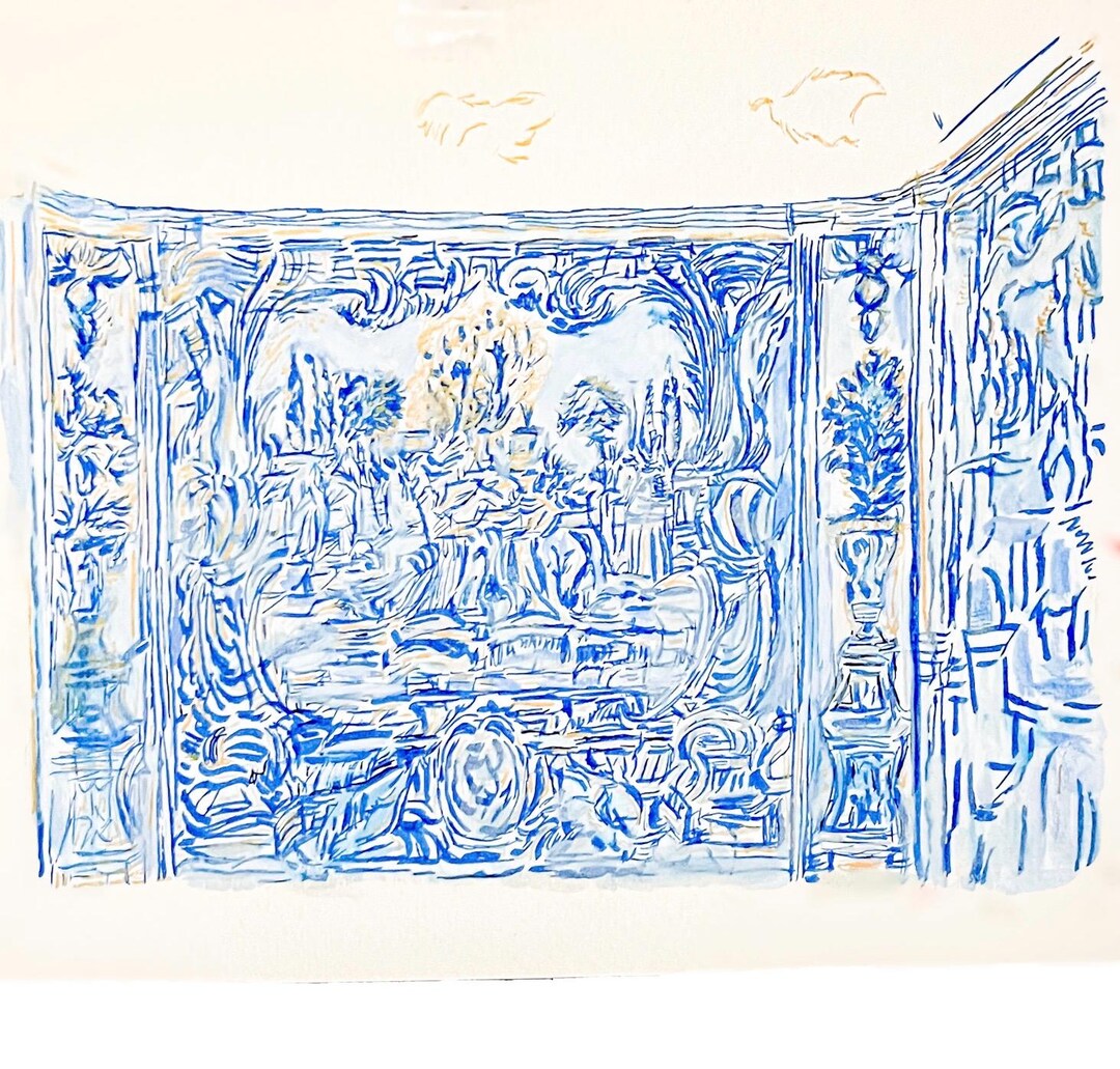 Original Art Portuguese Mural Sintra Peacock Handdrawn and Painted by ...