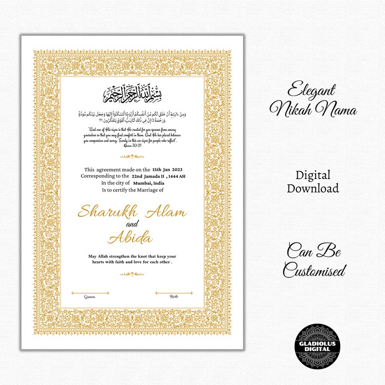Nikah Nama Nikah Certificate Islamic Marriage Certificate - Etsy