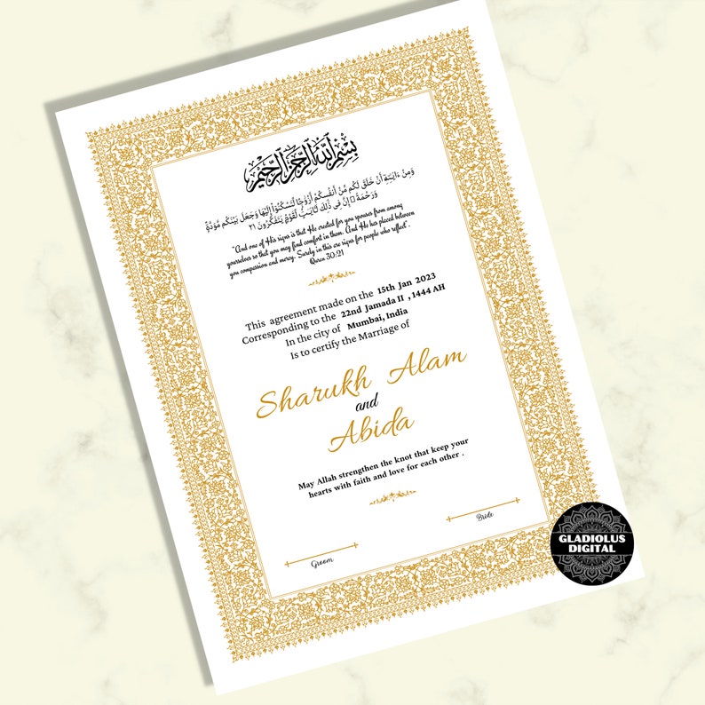 Nikah Nama Nikah Certificate Islamic Marriage Certificate - Etsy