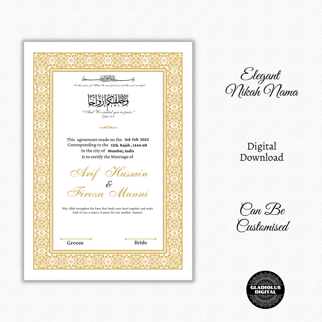 Nikah Nama Islamic Marriage Certificate Nikah Certificate - Etsy