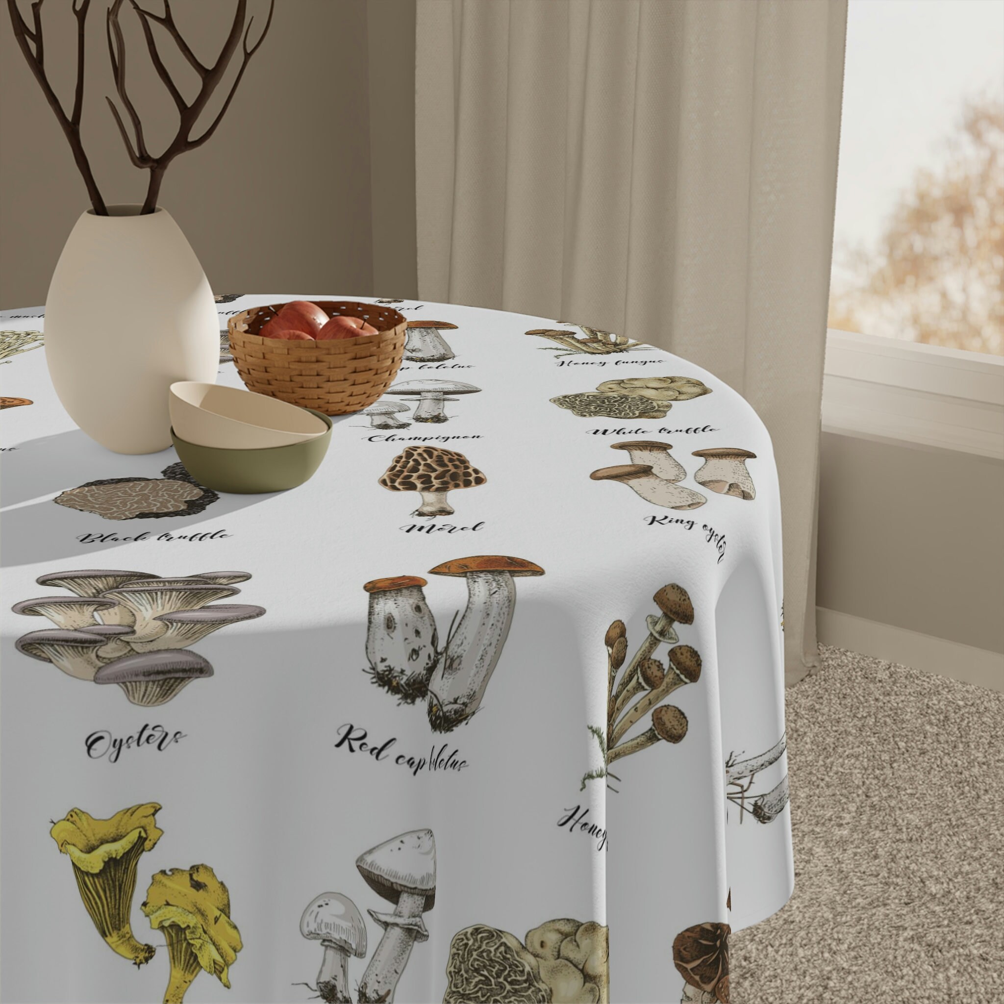 Botanical Mushroom Tablecloth-labeled Fungi Square Tablecloth-vibrant ...