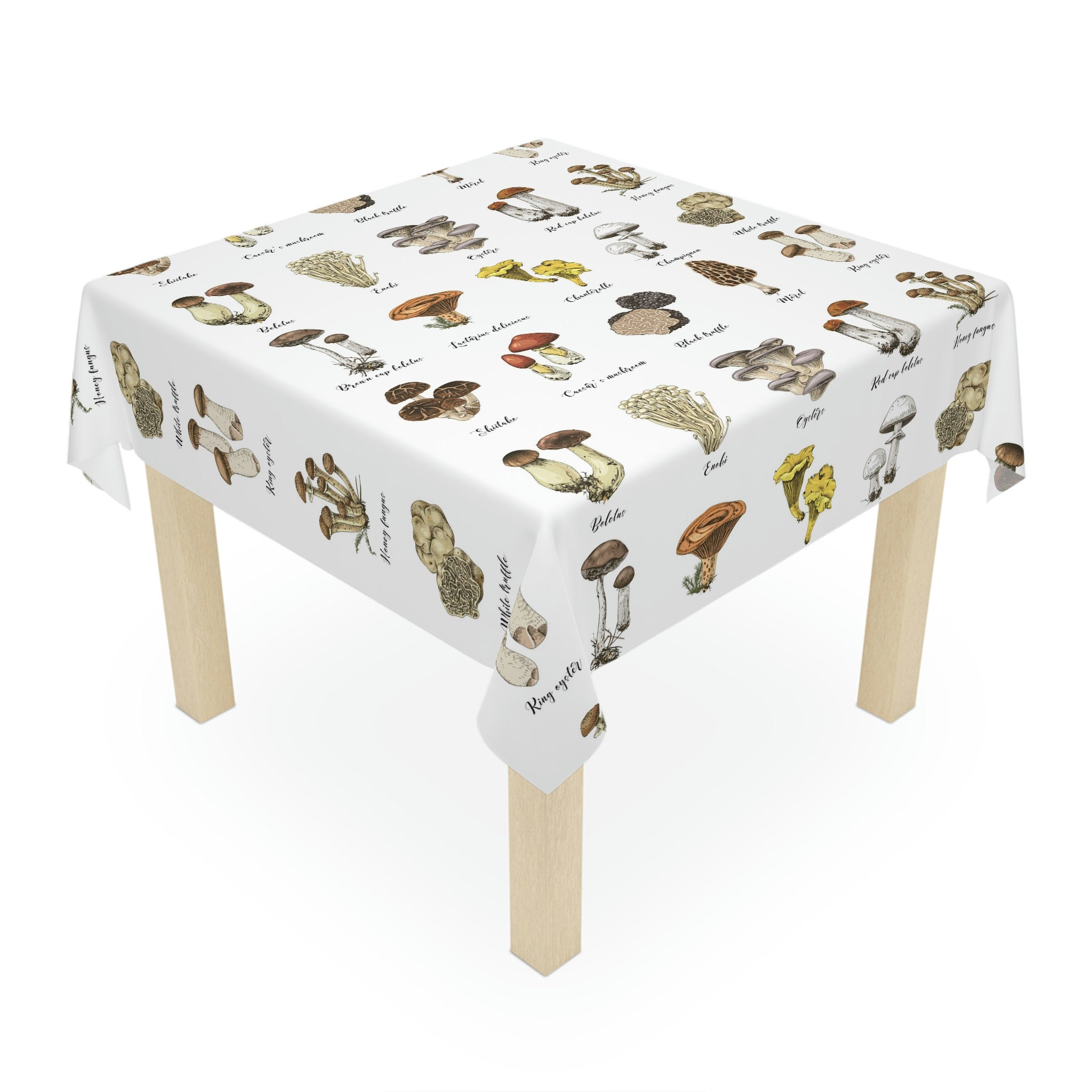 Botanical Mushroom Tablecloth-labeled Fungi Square Tablecloth-vibrant ...
