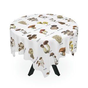 Botanical Mushroom Tablecloth-labeled Fungi Square Tablecloth-vibrant ...