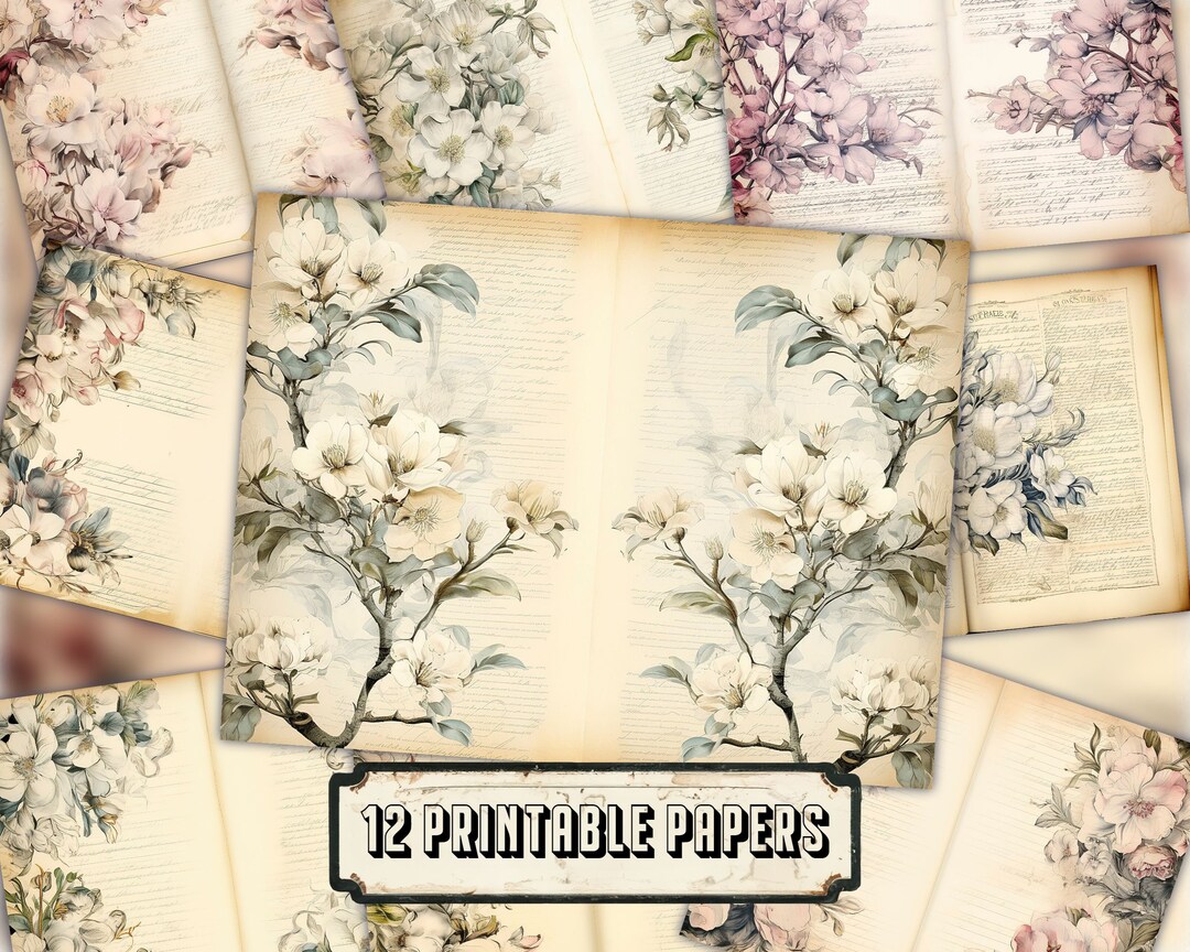 Watercolor Floral Magnolias Lined Paper Scrapbook Pages, Vintage Flowers Wallpaper for Junk ...