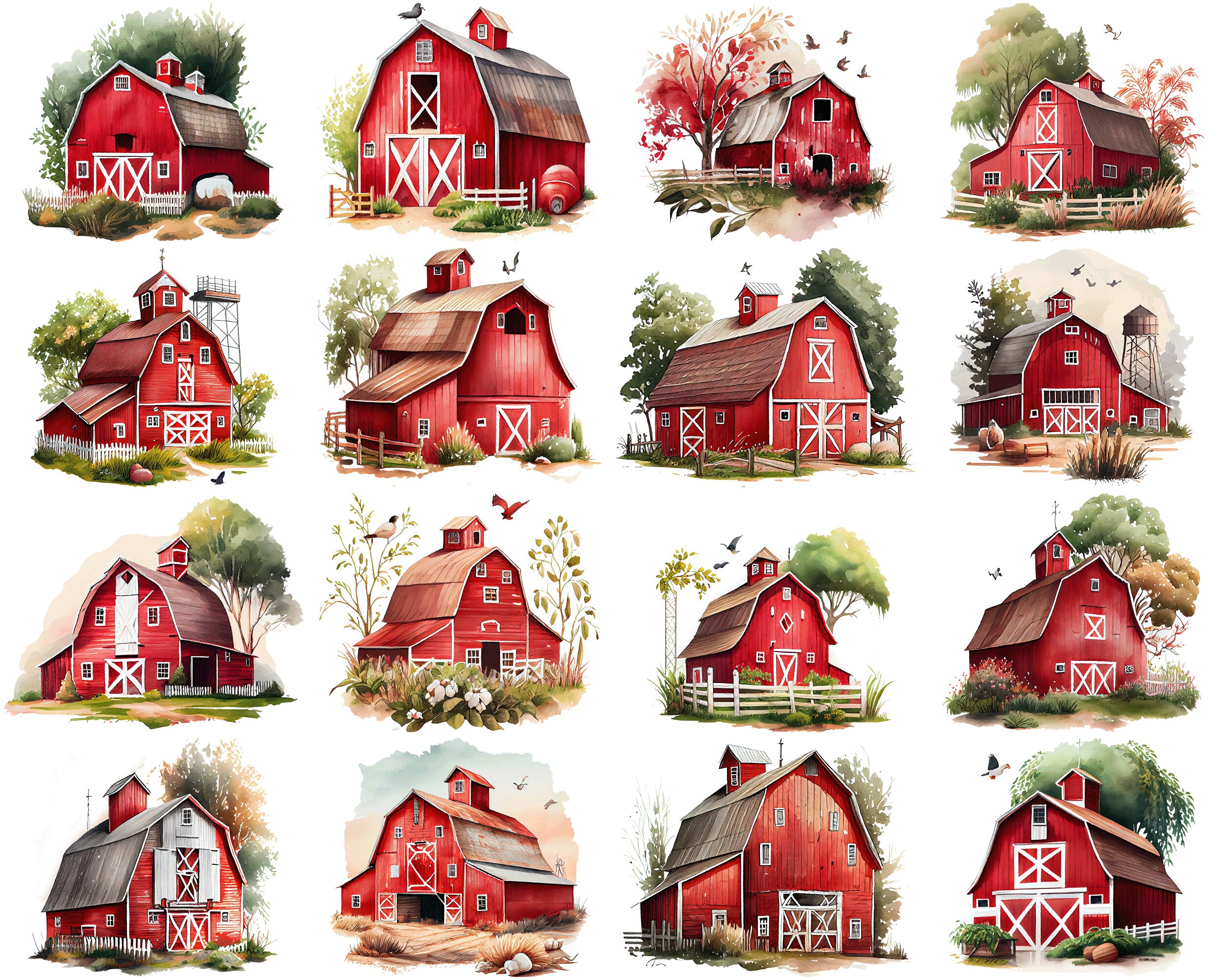 Watercolor Clipart of Red Farm Barn Rustic Country Digital - Etsy