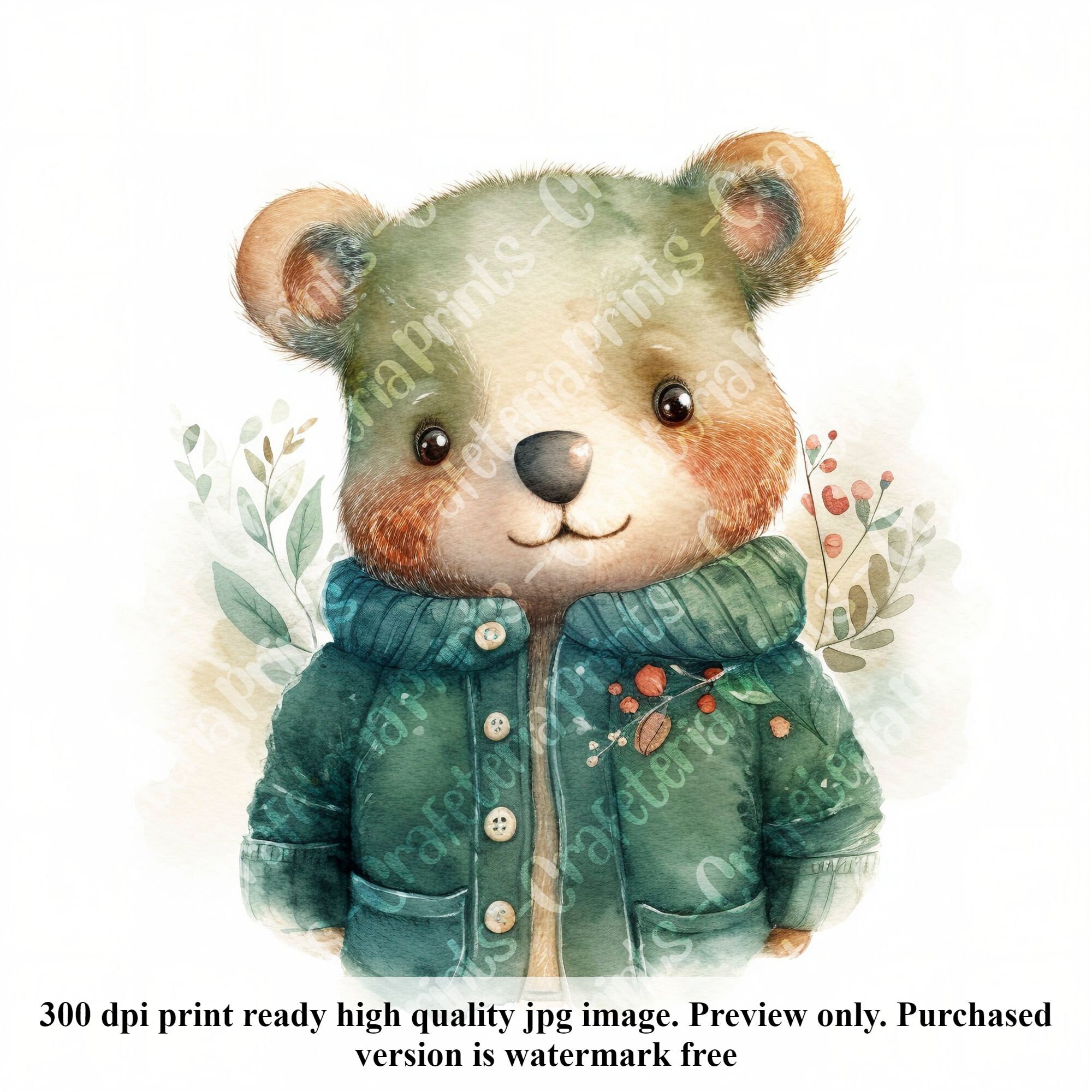 Watercolor Cute Teddy Bear Clipart in Green Sweater 16 JPG - Etsy