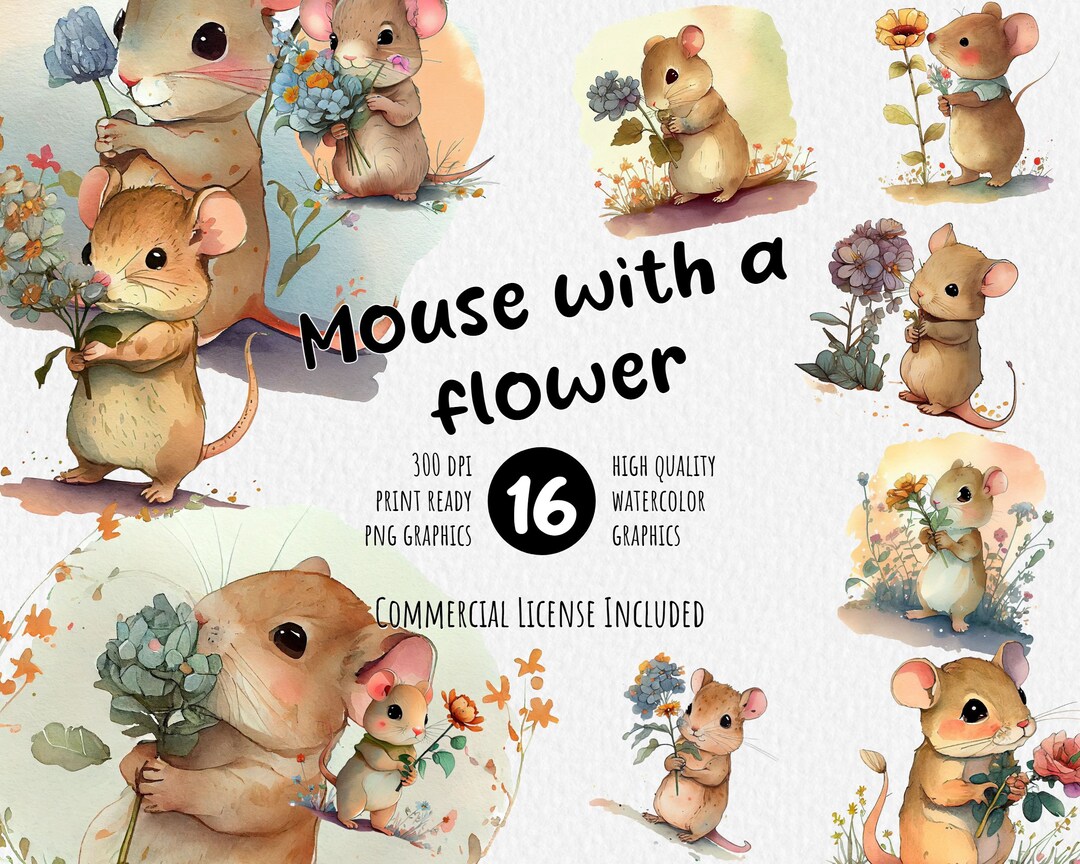 Charming Mouse With Flower Watercolor Clipart | Nature & Wildlife | DIY ...