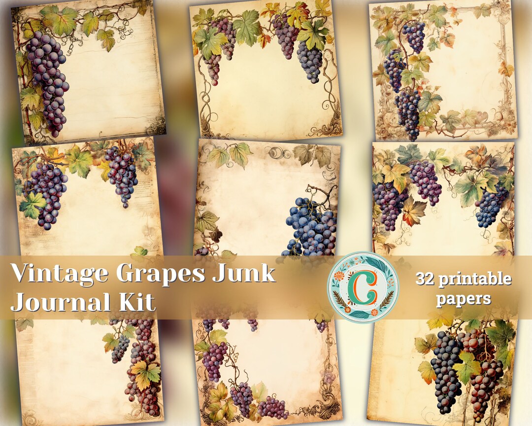 Vintage Grapes Scrapbook Paper With Watercolor Border, Hand-painted ...