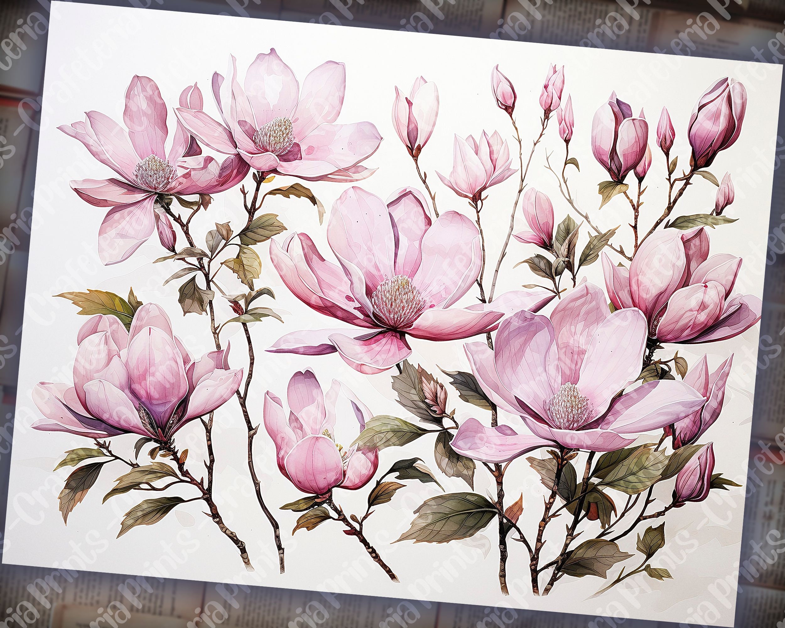 Watercolor Magnolias Themed Wallpaper for Junk Journal High - Etsy