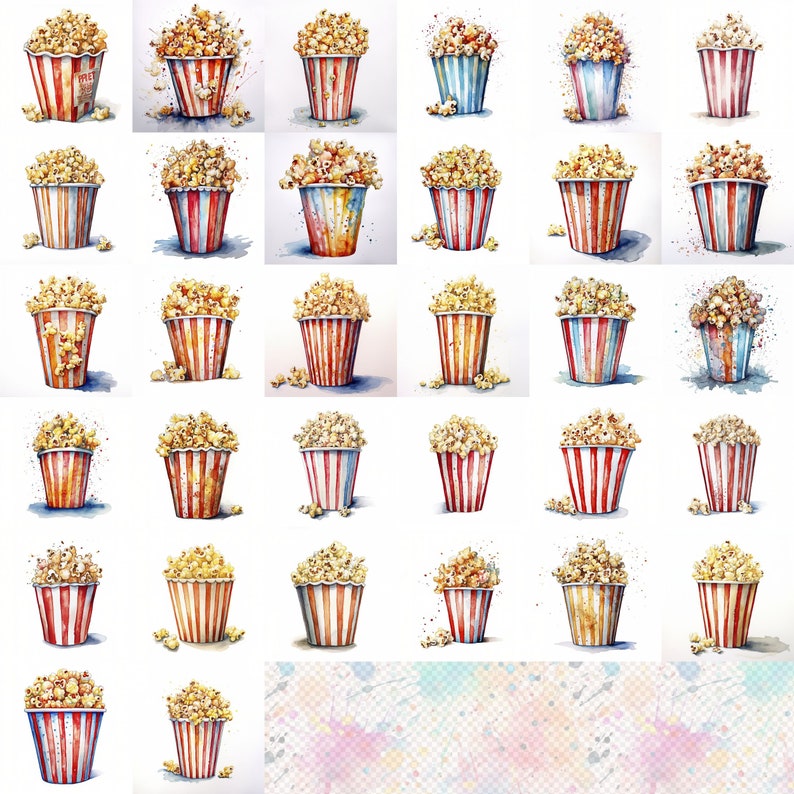 32 Watercolor Popcorn Clipart Images With Commercial License - Etsy