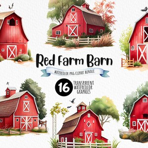 Watercolor Clipart of Red Farm Barn Rustic Country Digital Graphics ...