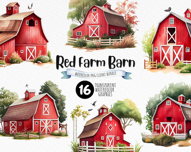 Watercolor Clipart of Red Farm Barn Rustic Country Digital - Etsy