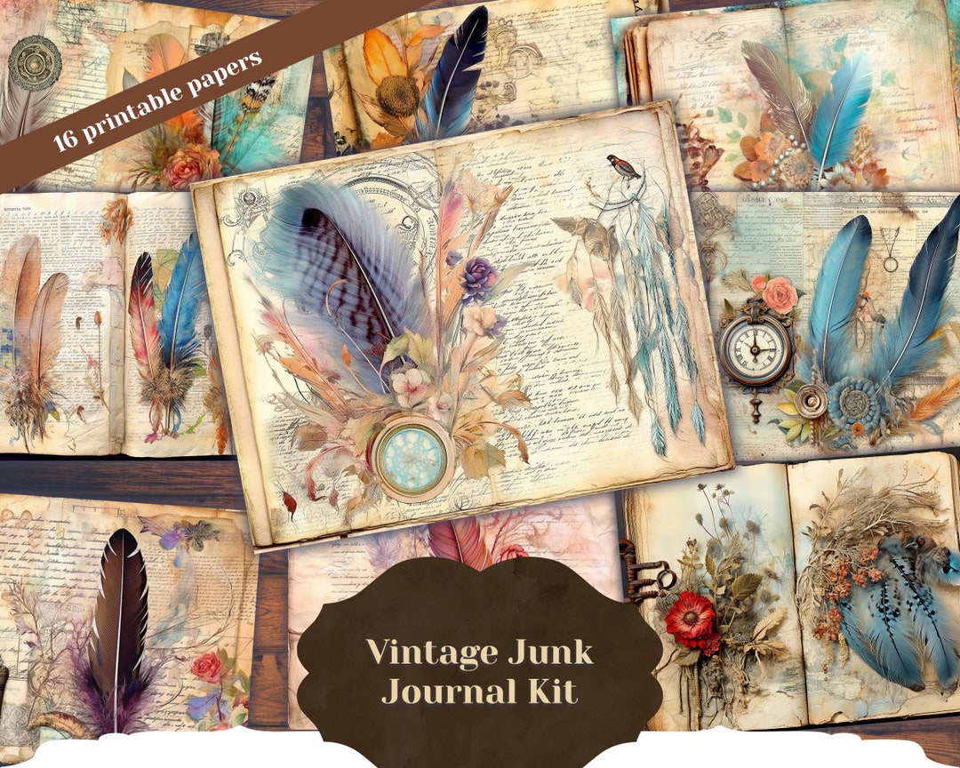 Printable Vintage Watercolor Junk Journal Page With Feathers ...