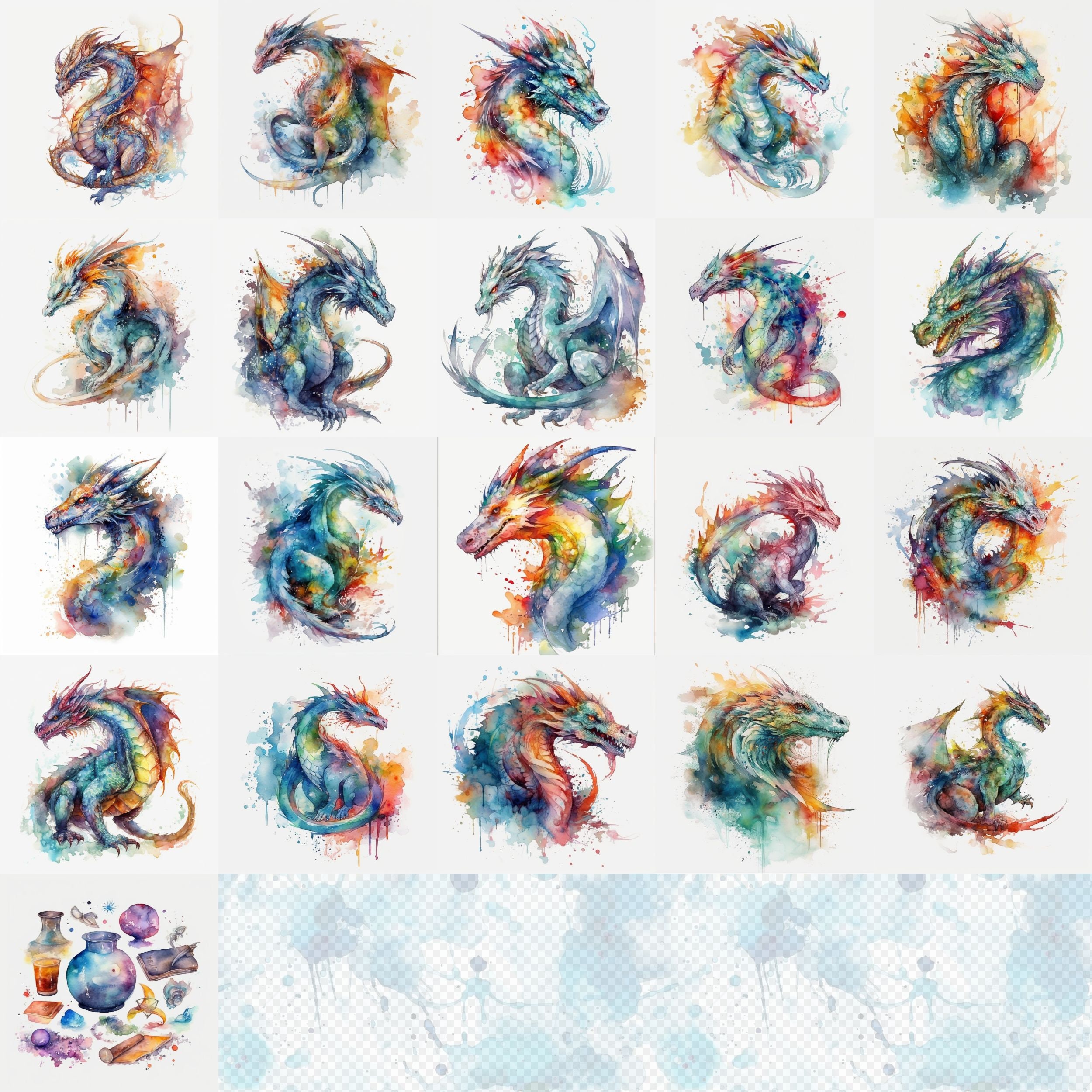 Fantasy Dragon Watercolor Clipart With Commercial License 21 - Etsy