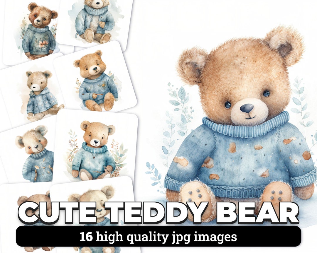 Watercolor Clipart - Cute Teddy Bear in Blue Sweater - 16 JPG Images ...