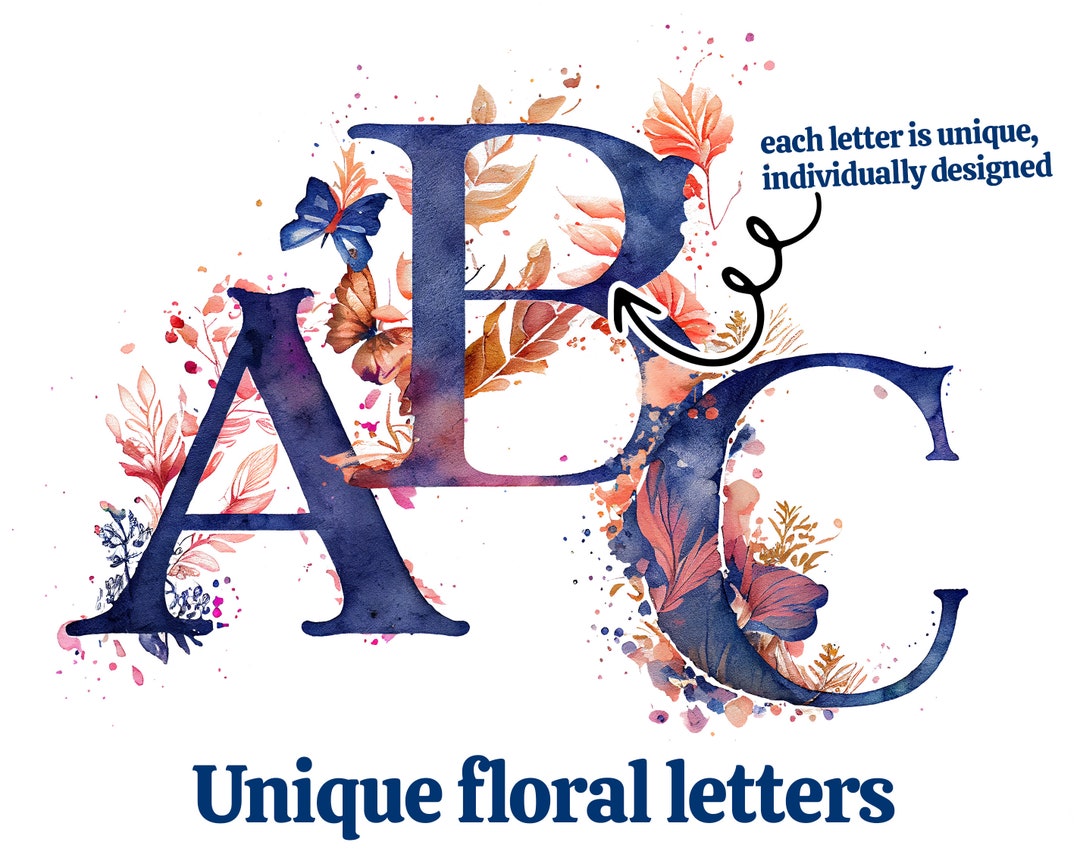 Indigo & Honey Floral Alphabet Ampersand Number Watercolor Floral Clip ...