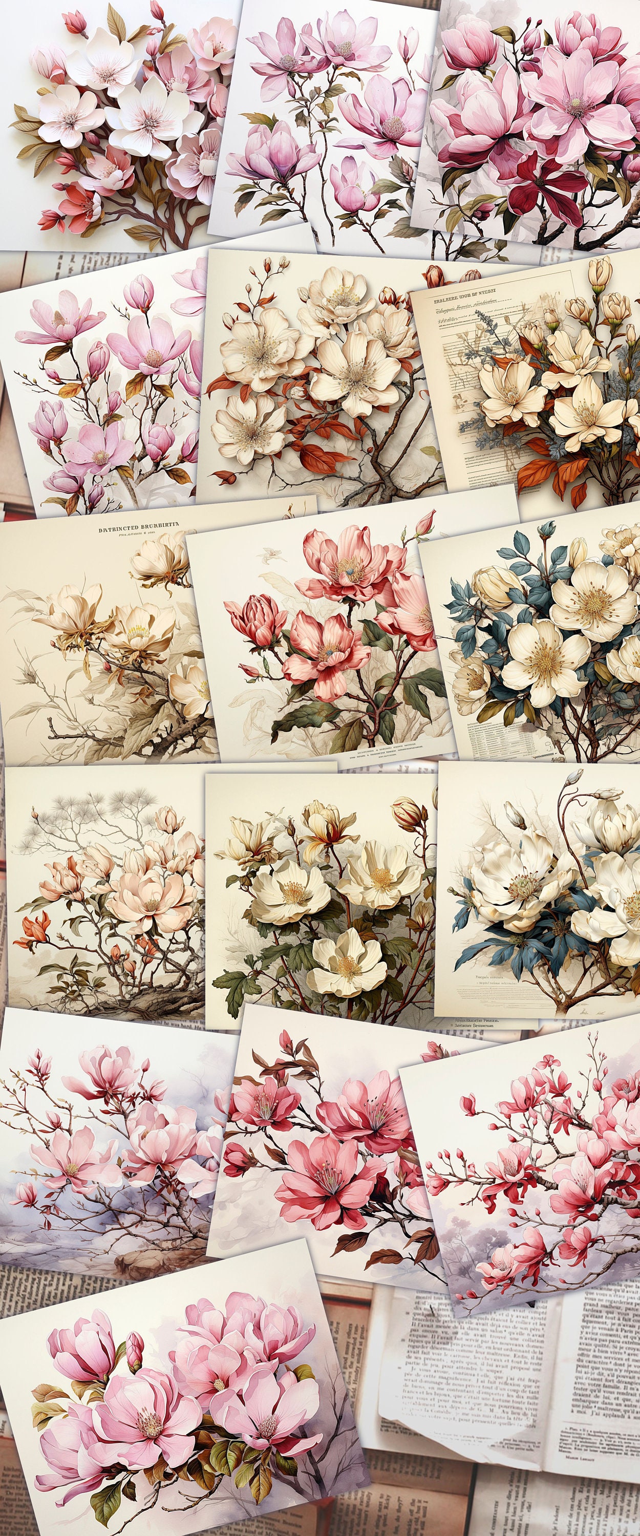 Watercolor Magnolias Themed Wallpaper for Junk Journal High - Etsy