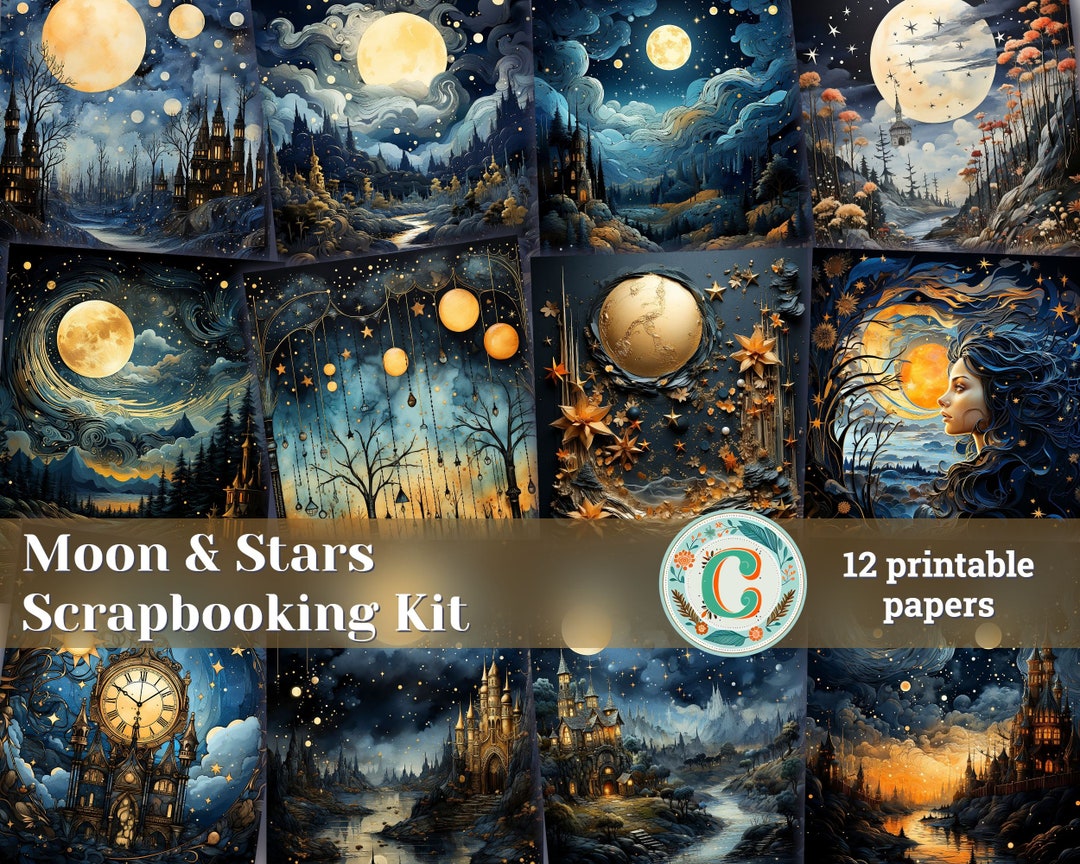 12 Papers | Whimsical Moon and Stars Scrapbooking Kit | Printable Pages ...