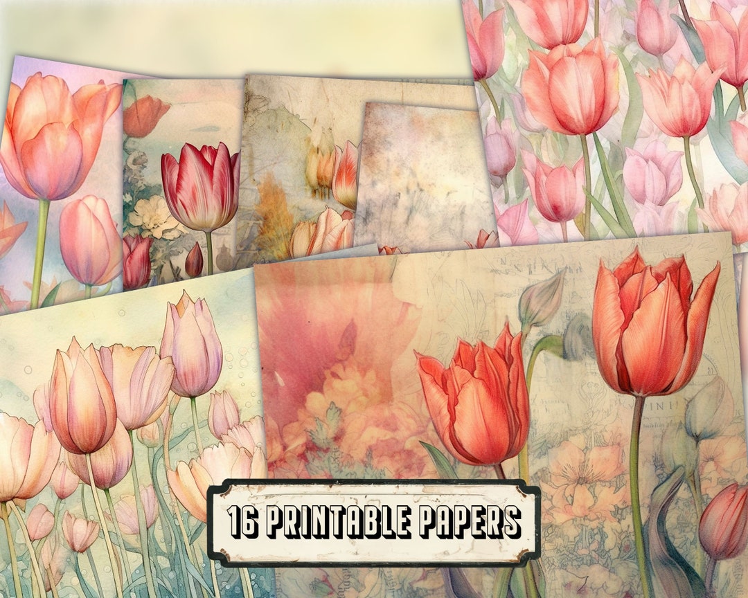 Fairy Tale Watercolor Pastel Tulips Junk Journal Background, Floral ...