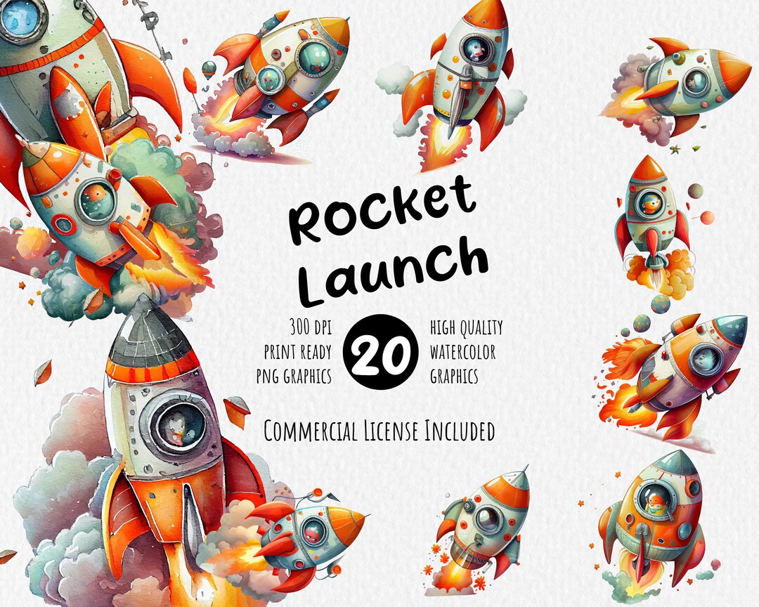 Dynamic Rocket Launch Watercolor Clipart Set | Outer Space Adventure ...
