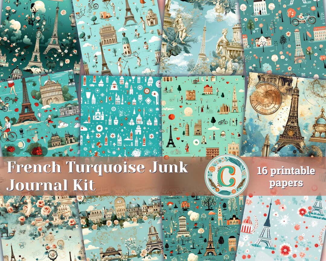 French Turquoise Scrapbooking Paper Set for Junk Journaling and ...