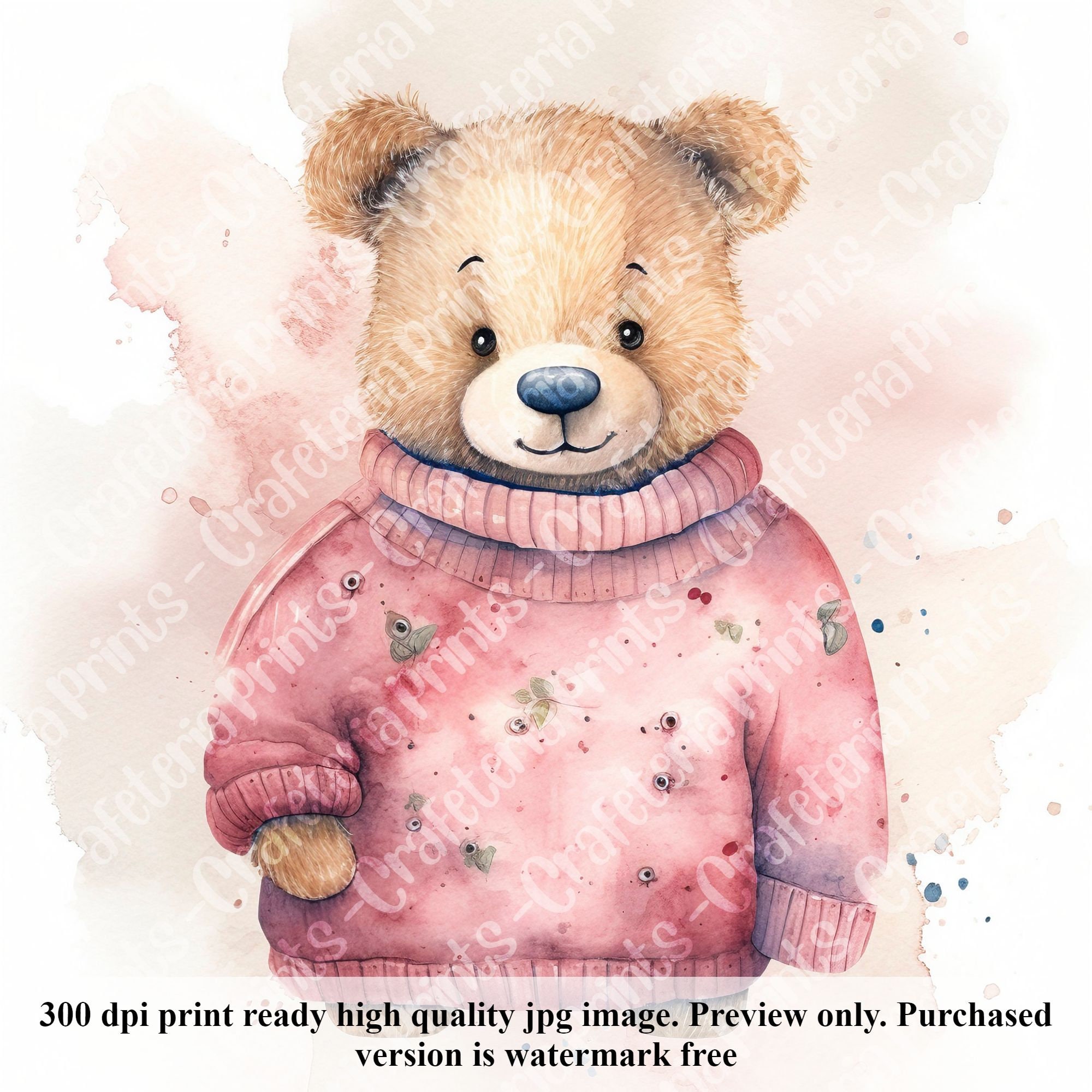 Watercolor Cute Teddy Bear Clipart in Pink Sweater 20 High - Etsy