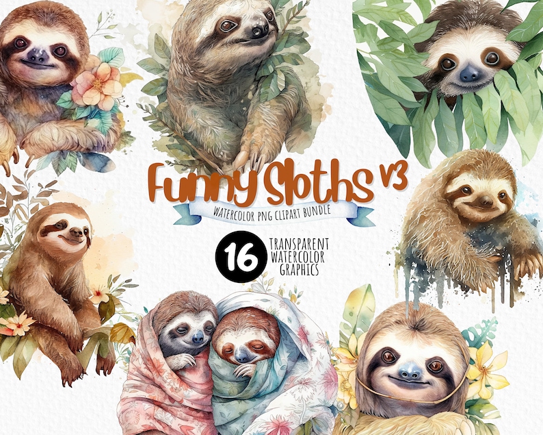 Adorable Watercolor Sloth Clipart Bundle for Crafts and - Etsy