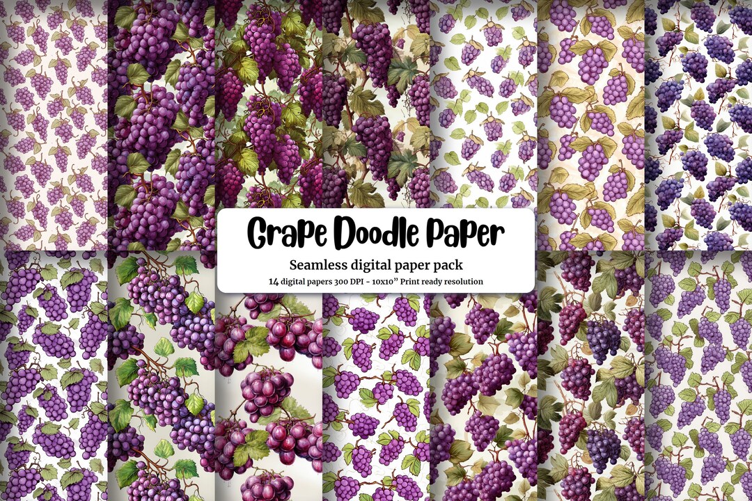 Digital Grape Clipart, Doodle Style Watercolor Illustration, Seamless ...