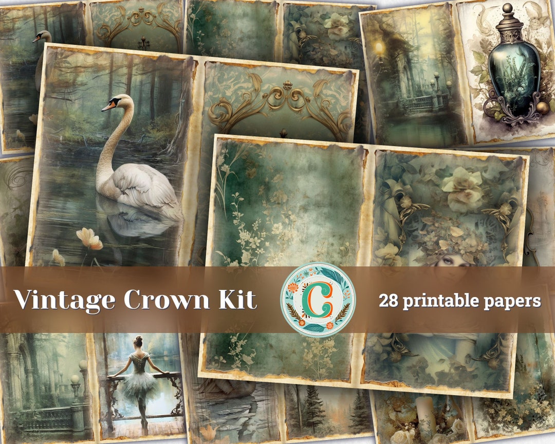 28 Papers Vintage-inspired Crown Scrapbooking Kit, Printable Shabby ...