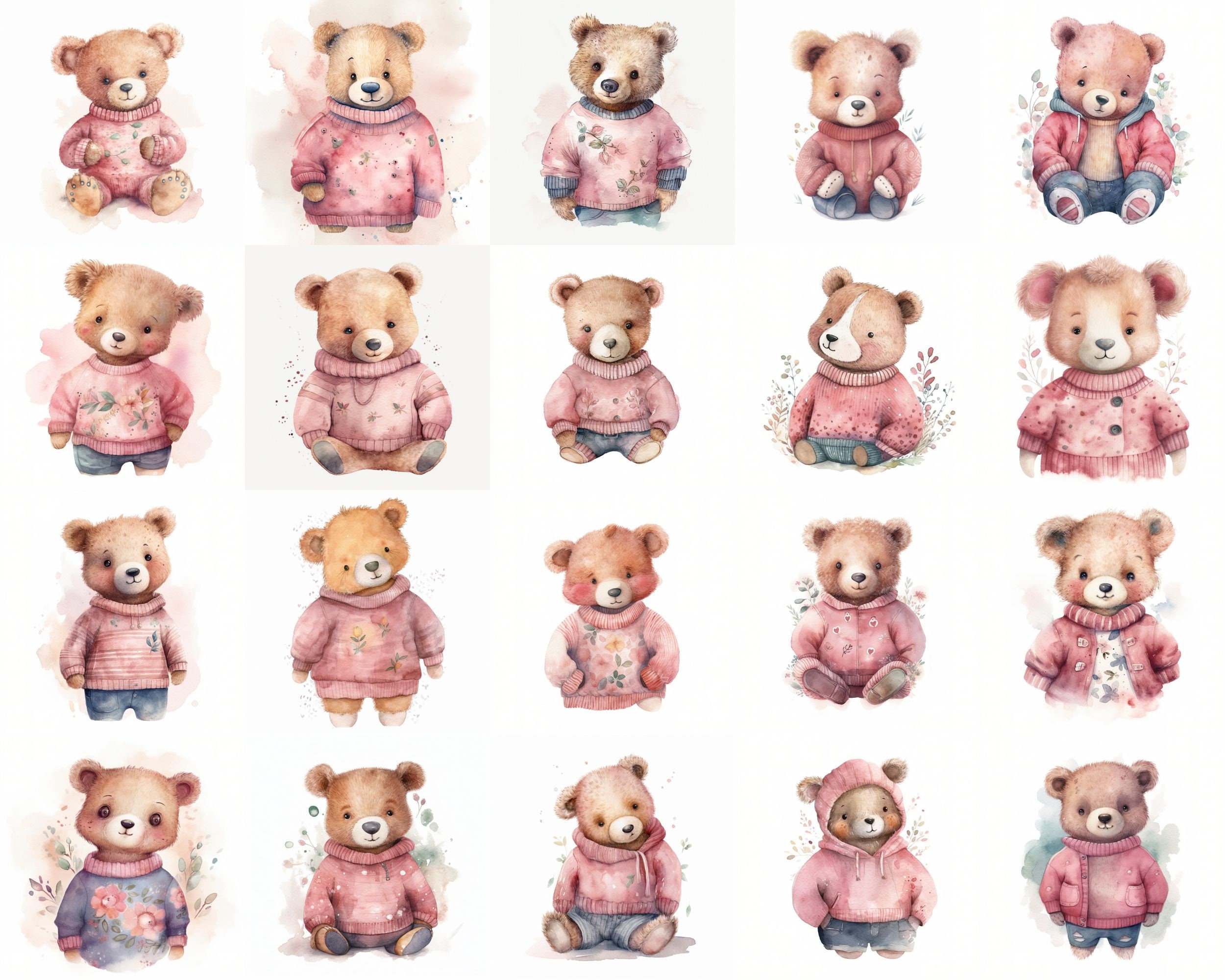Watercolor Cute Teddy Bear Clipart in Pink Sweater 20 High - Etsy