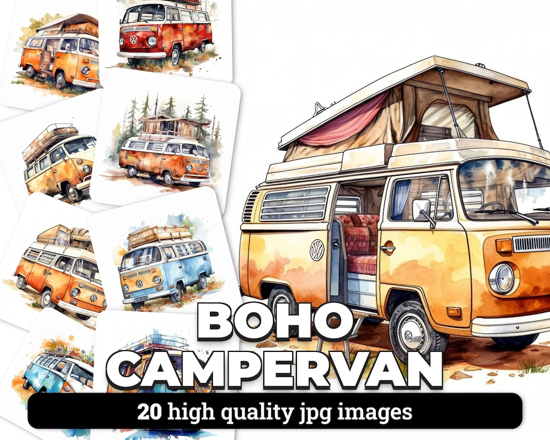 Boho-campervan Watercolor Clipart: 20 JPG Images for Scrapbooking ...