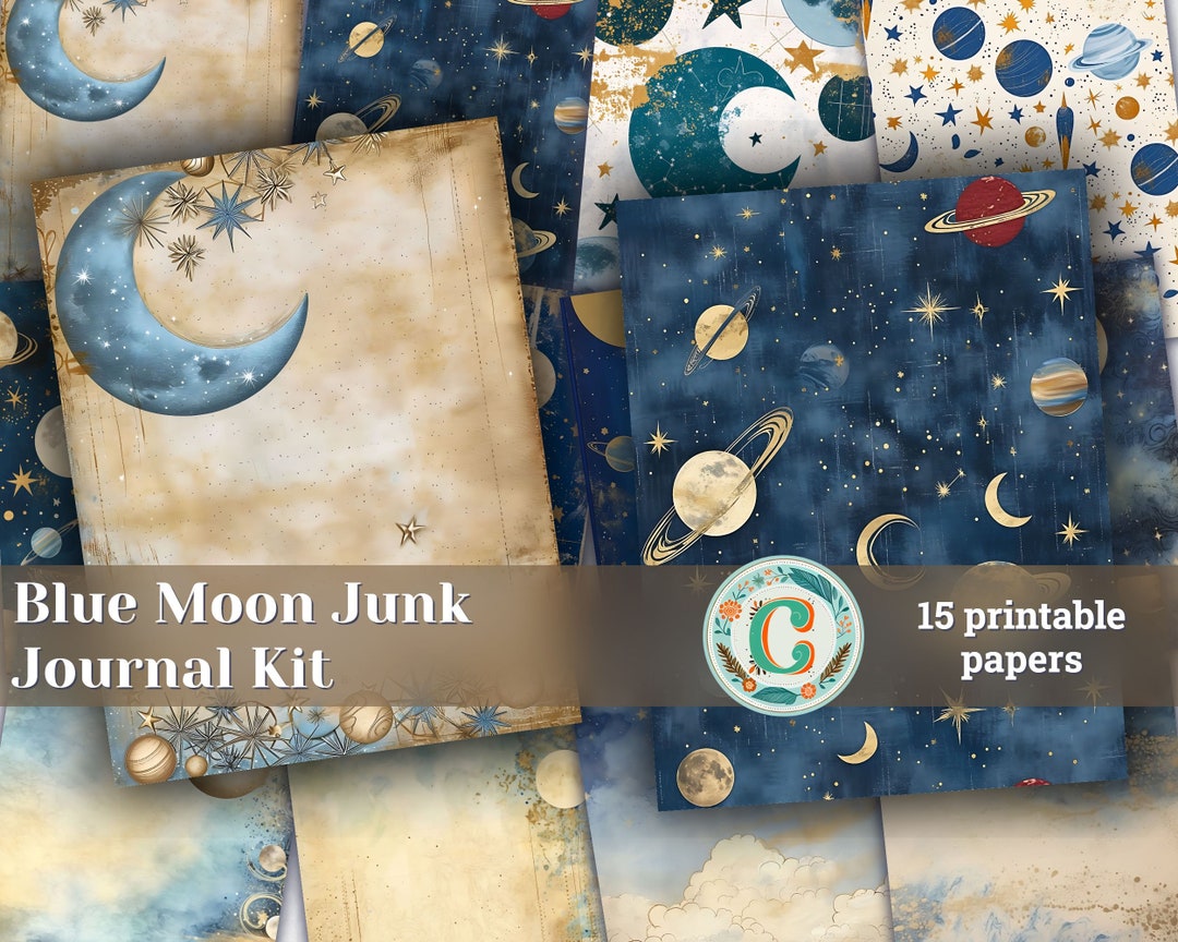 Blue Moon Stars and Planets Junk Journal Background Scrapbooking Papers, Printable Pages, Shabby ...