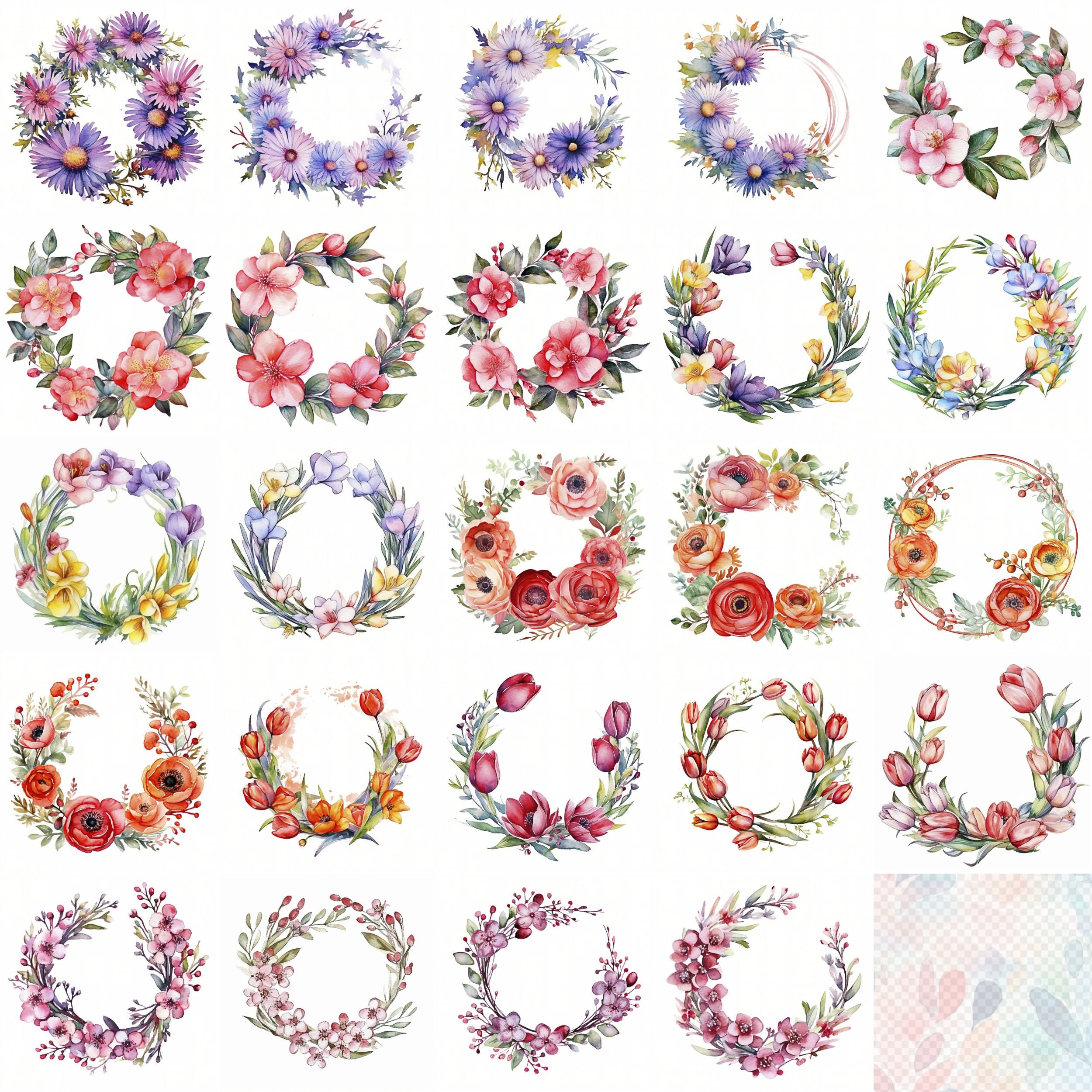 Watercolor Flower Wreaths Clipart 24 JPG Images With - Etsy