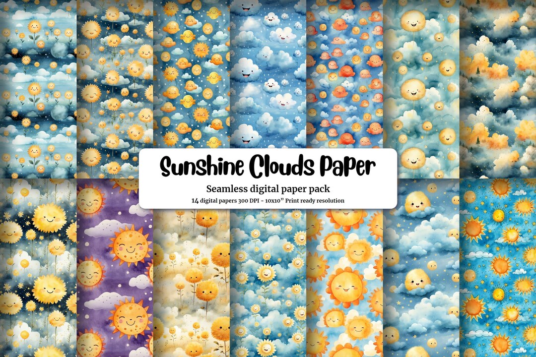 Summer Sun and Cute Clouds Digital Pattern Paper - Watercolor Texture ...