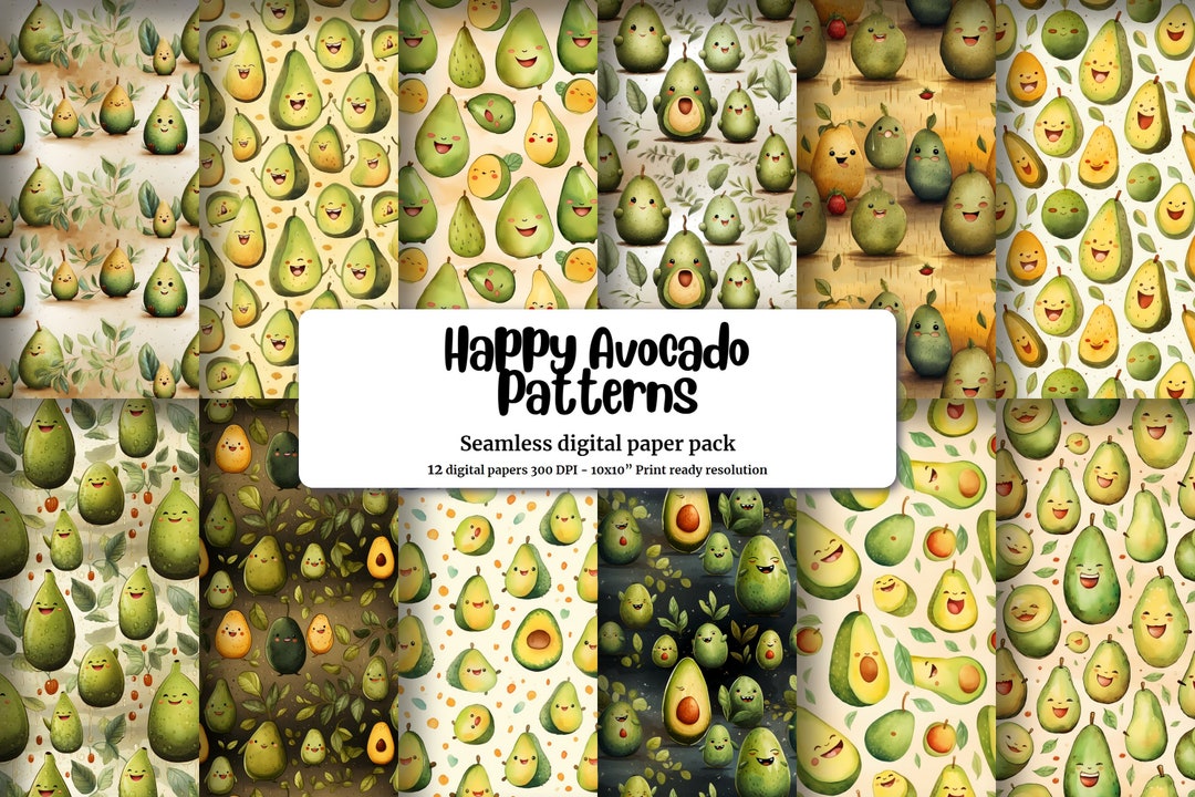Colorful Cartoon Happy Avocado Digital Paper Set Seamless Texture ...
