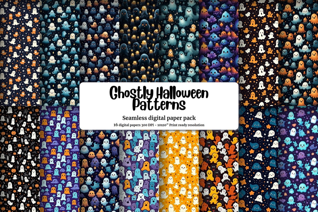 Halloween Cute Ghost Seamless Pattern, Spooky Ghosts Digital Paper ...