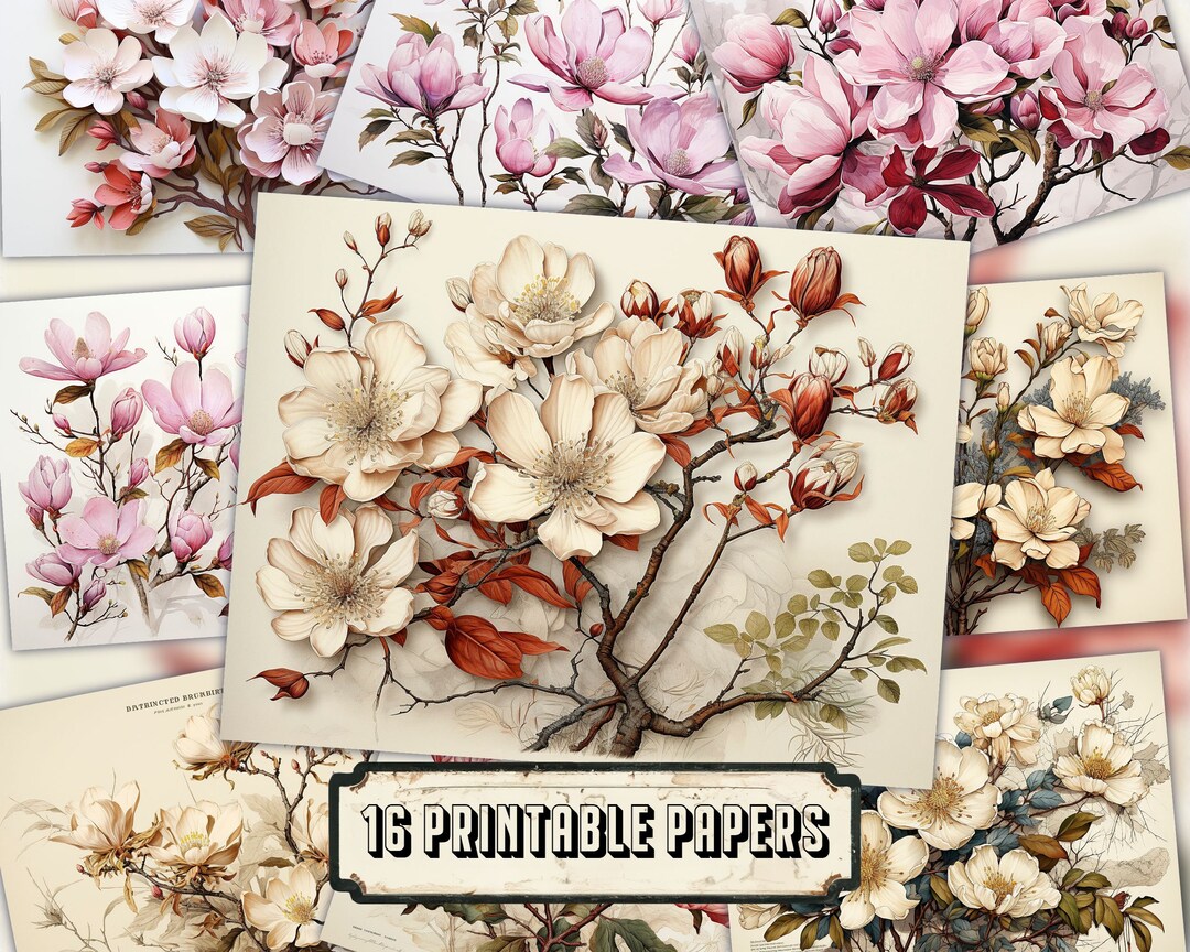 Watercolor Magnolias Themed Wallpaper for Junk Journal | High Quality Vintage Flowers Digital ...