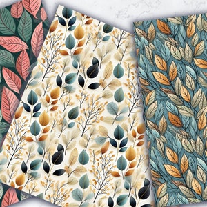 Botanical Leaf Digital Pattern Paper, Watercolor Illustration Style ...