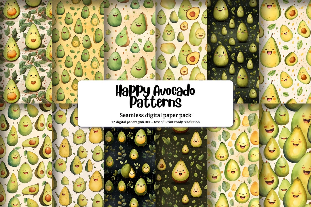 Cartoon Happy Avocado Digital Paper Set | Seamless Texture for ...