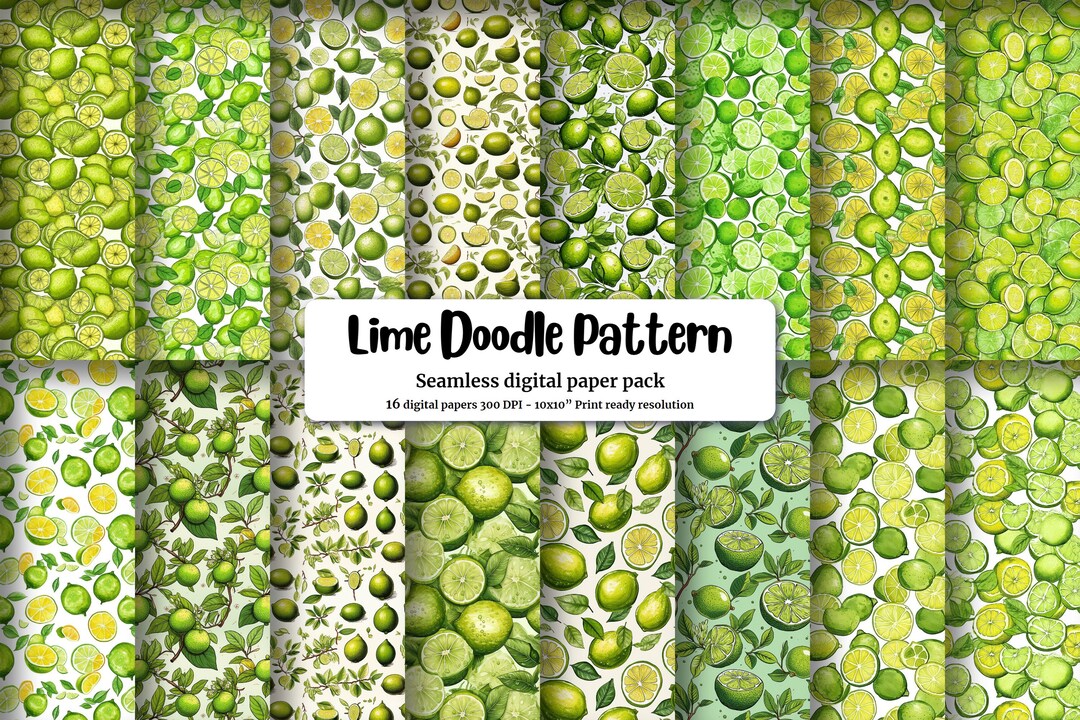 Digital Lime Clipart, Doodle Style Watercolor Illustration, Seamless ...