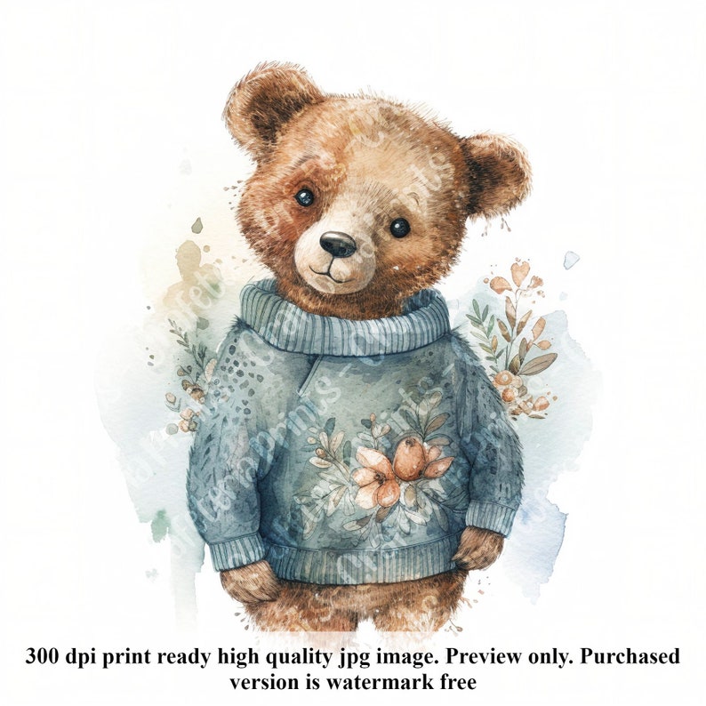 Watercolor Clipart Cute Teddy Bear in Blue Sweater 16 JPG - Etsy