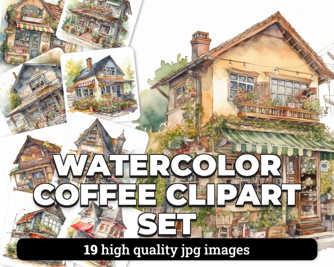 Watercolor Coffee Shop Clipart Set With 19 JPG Images and Commercial ...