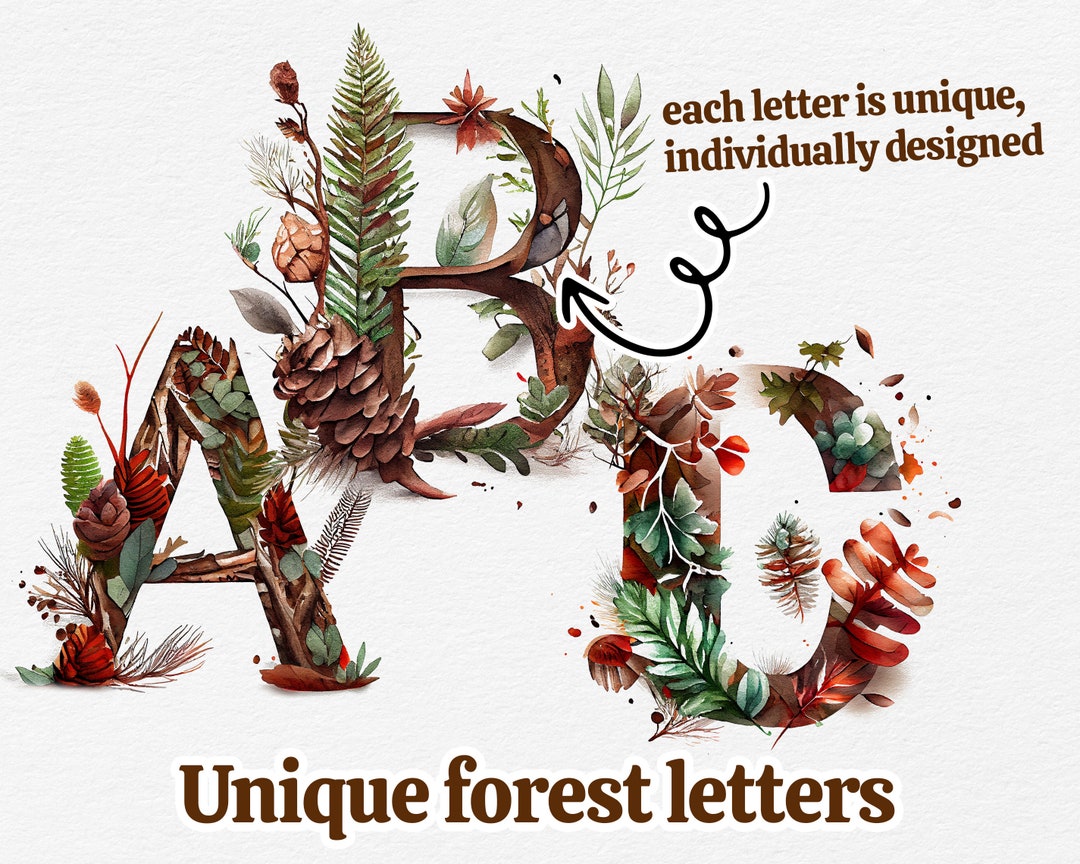 Forest Wood & Floral Alphabet Ampersand Number Watercolor Floral Clip ...