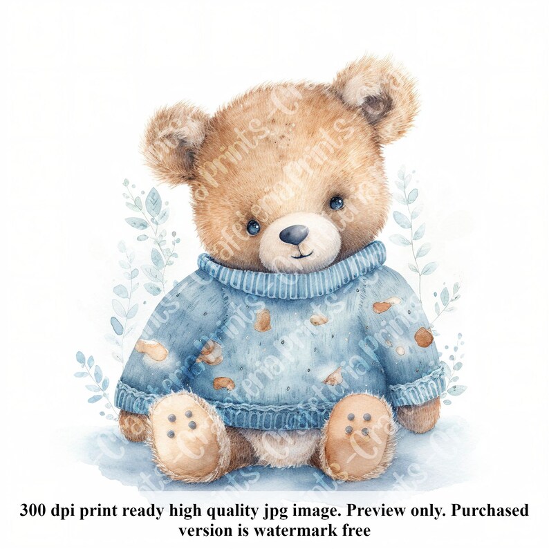 Watercolor Clipart Cute Teddy Bear in Blue Sweater 16 JPG - Etsy