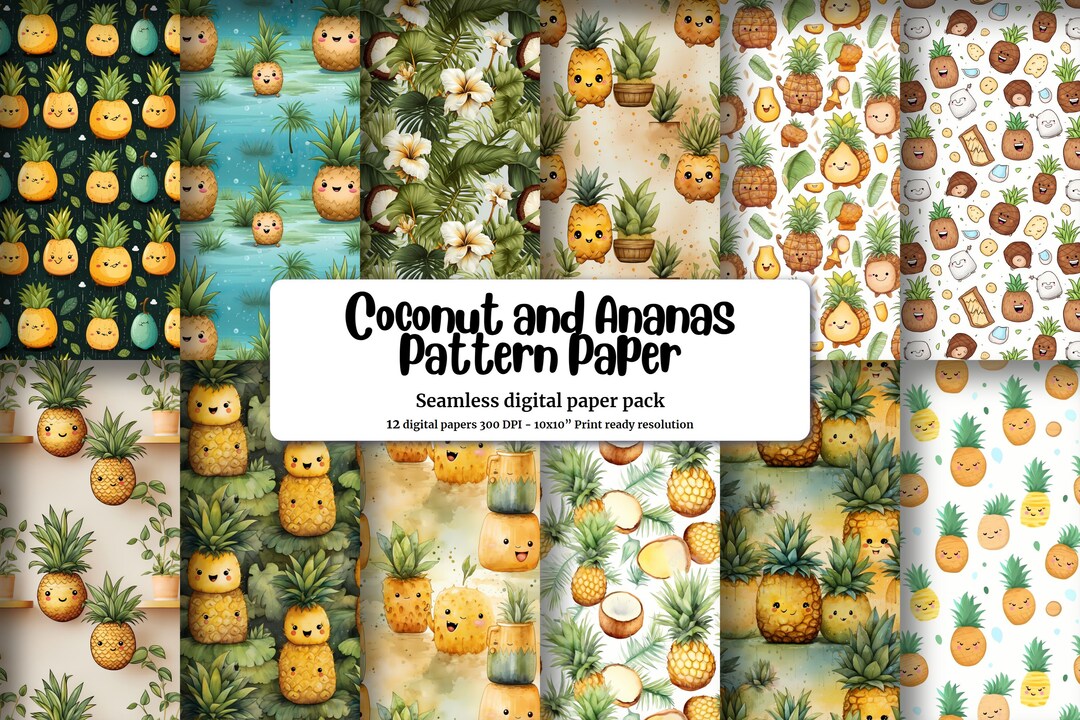 Cartoon Coconut and Ananas Digital Pattern Paper - Seamless Texture for ...