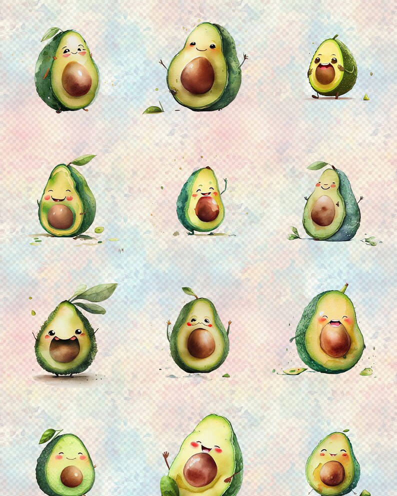 Happy Avocado Watercolor Clipart Set Cute & Whimsical DIY - Etsy