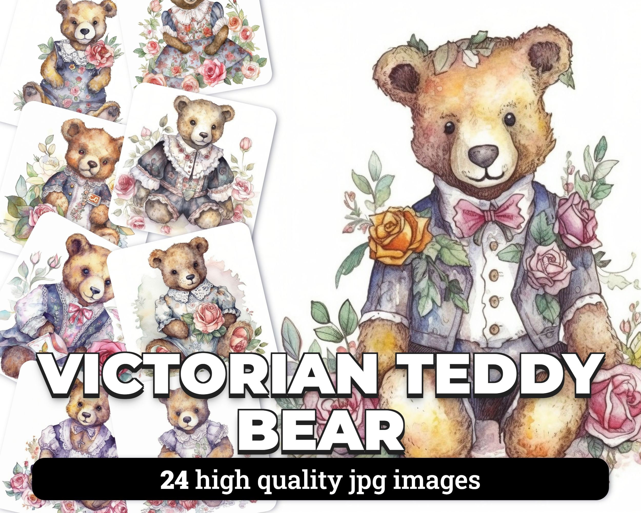 Victorian Teddy Bear Watercolor Clipart Images With Commercial - Etsy