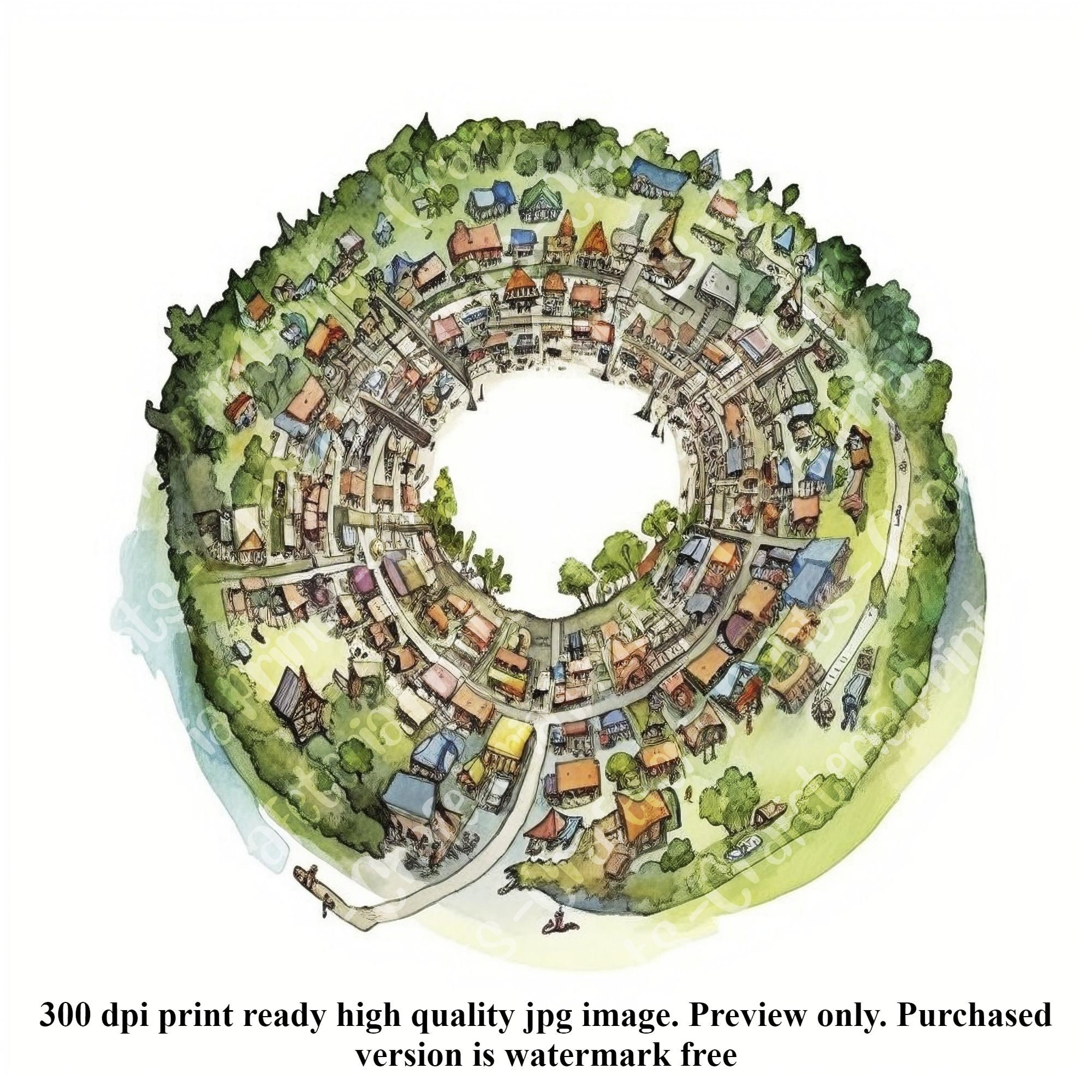 Watercolor Clipart: 16 Circle Town Illustrations With - Etsy